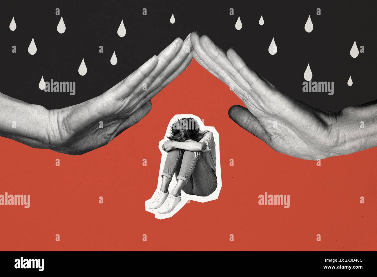 Composite photo collage of upset lonely girl hug knees depression hand ...