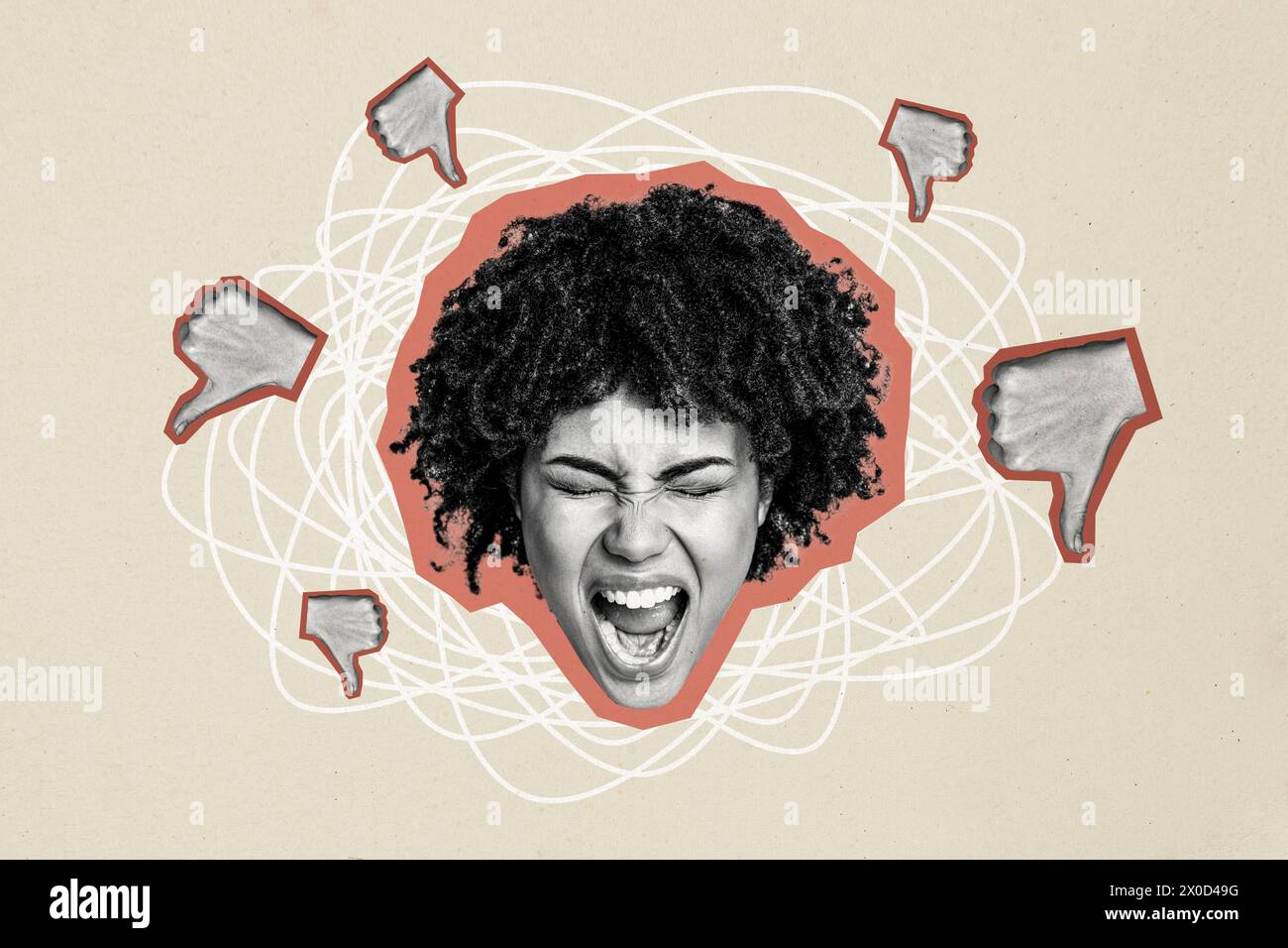 Composite photo collage of upset angry american girl scream hand show ...