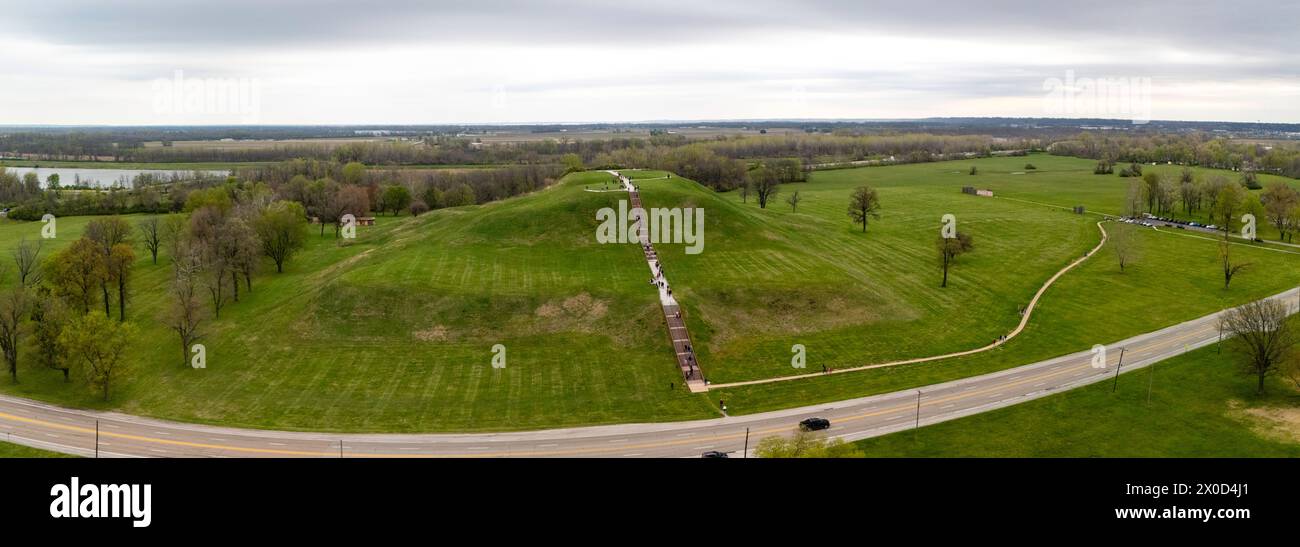Aerial panoramic photograph of Monks Mound at Cahokia Mounds State ...