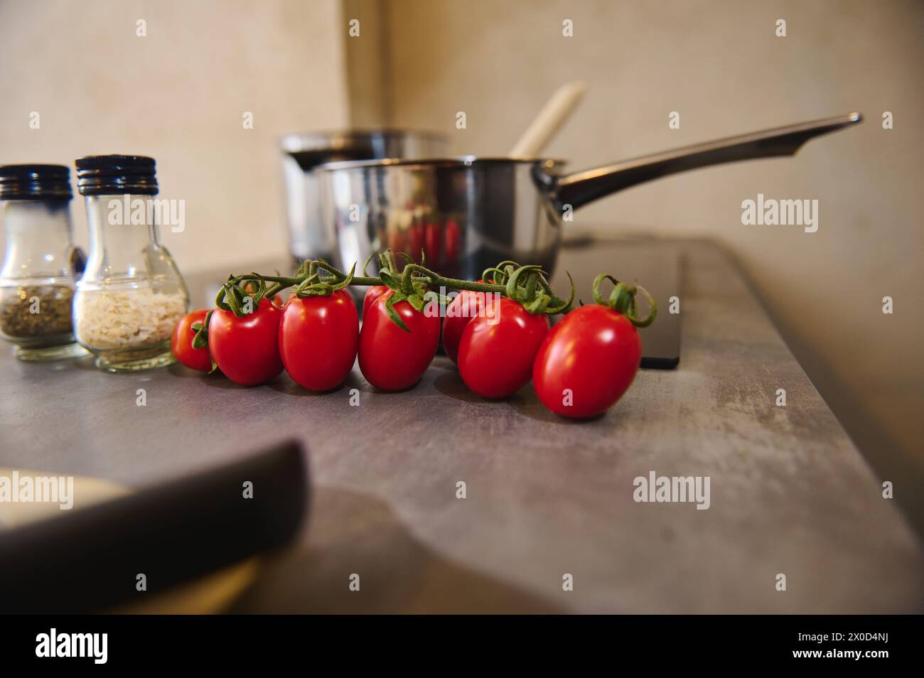 Still life with a branch of fresh ripe organic tomato cherry against blurred background of steel ...