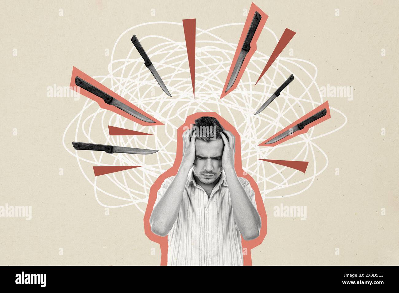 Composite photo collage of scared man hide hands sharp knife threat ...