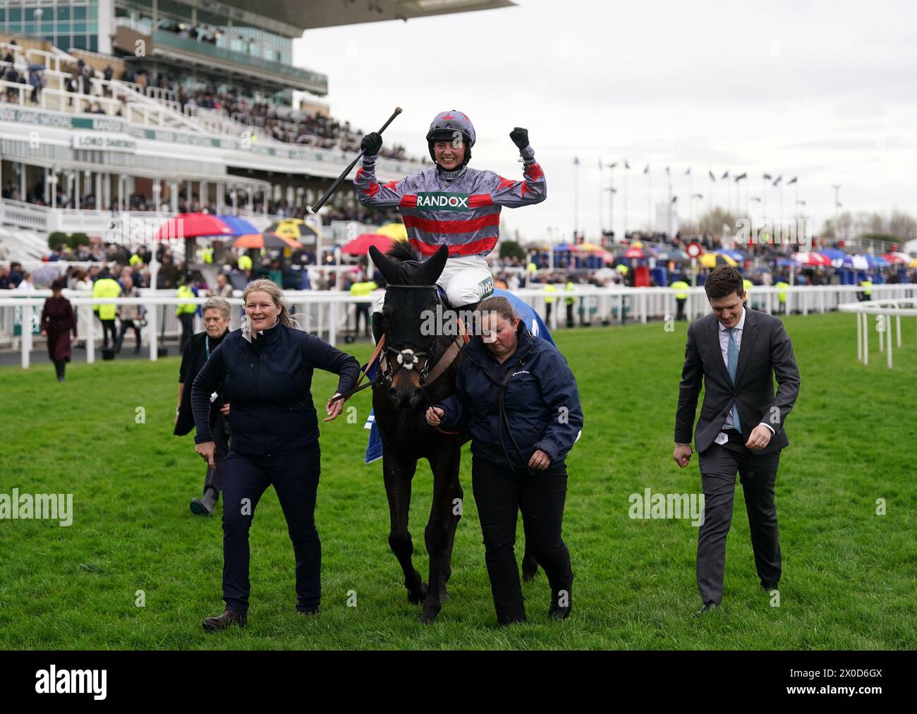 Bryony Frost on board Sans Bruit celebrates winning the Close Brothers ...