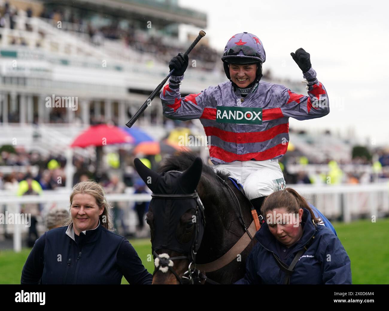 Bryony Frost on board Sans Bruit celebrates winning the Close Brothers ...