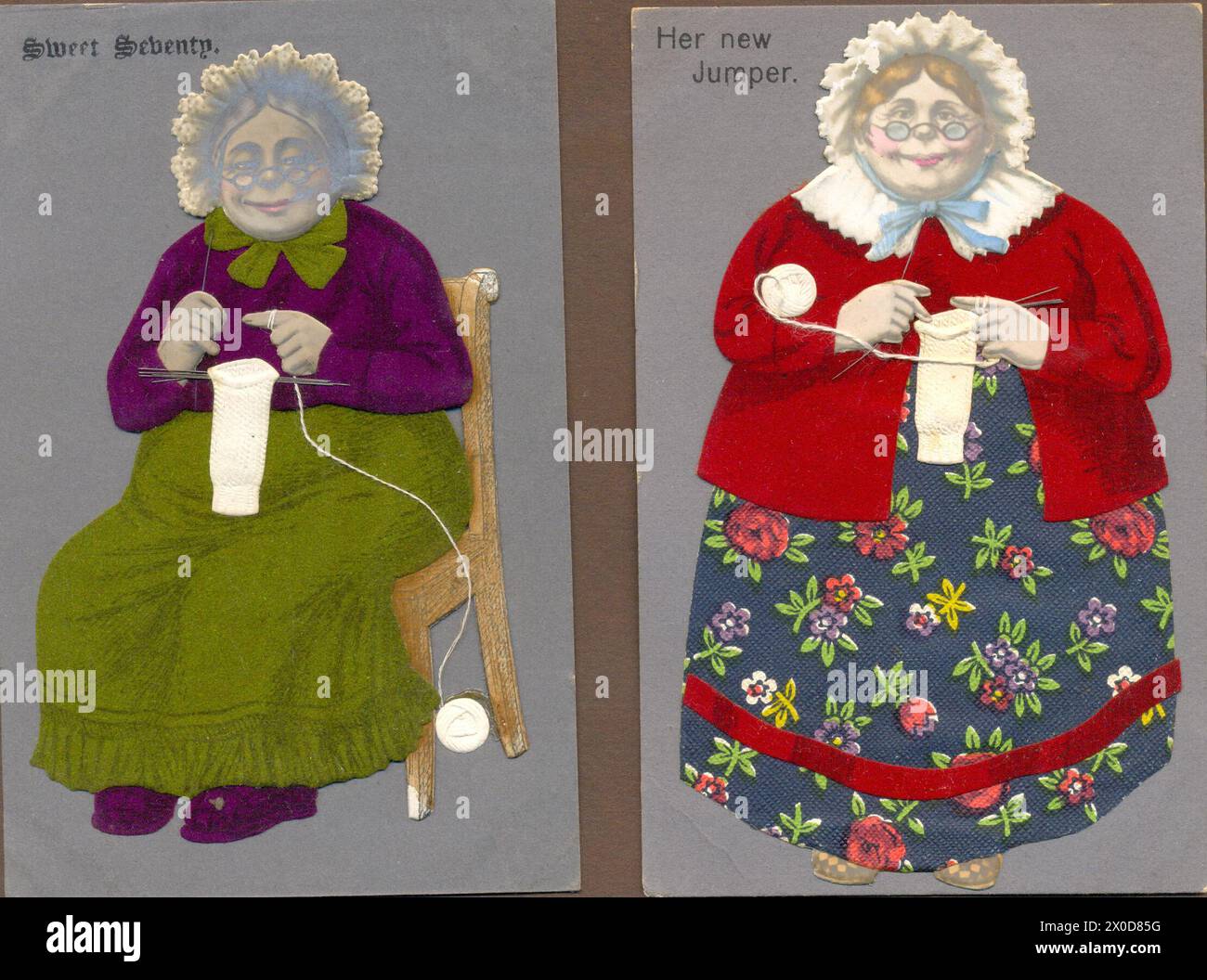 Pair of comic postcards with material on lay showing woman knitting ...