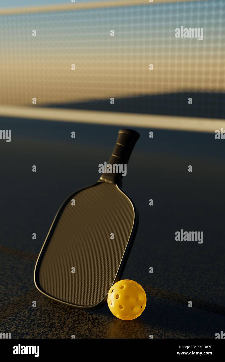Pickleball racket and ball on the court at dusk. 3d rendering Stock ...