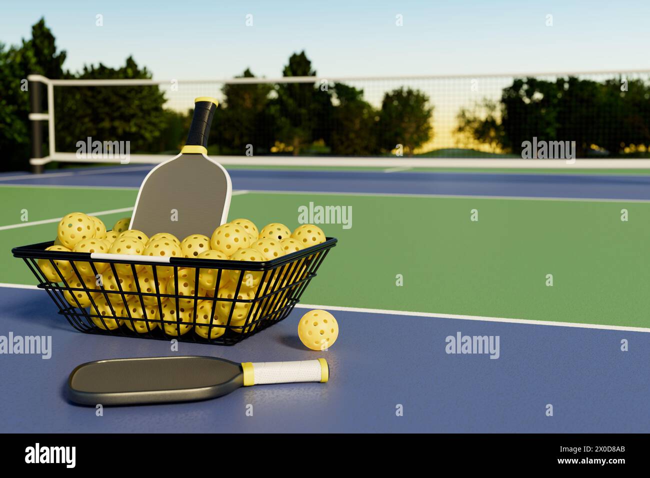 Pickleball rackets and balls in a basket on an outdoor court. 3d ...