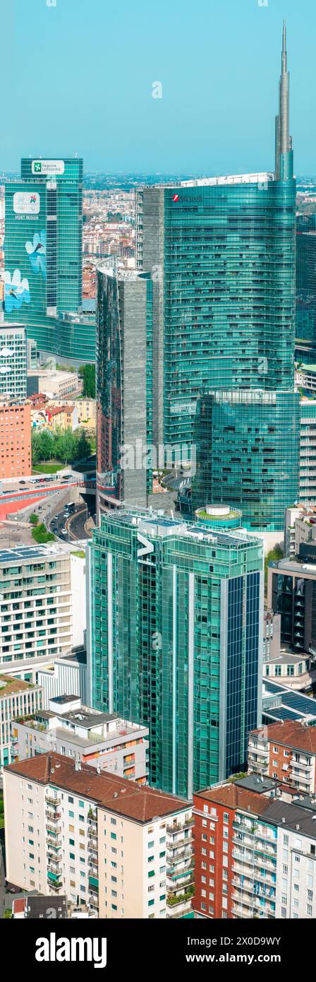 Aerial view of Milan, skyscrapers. Palazzo Lombardia, Unicredit tower ...