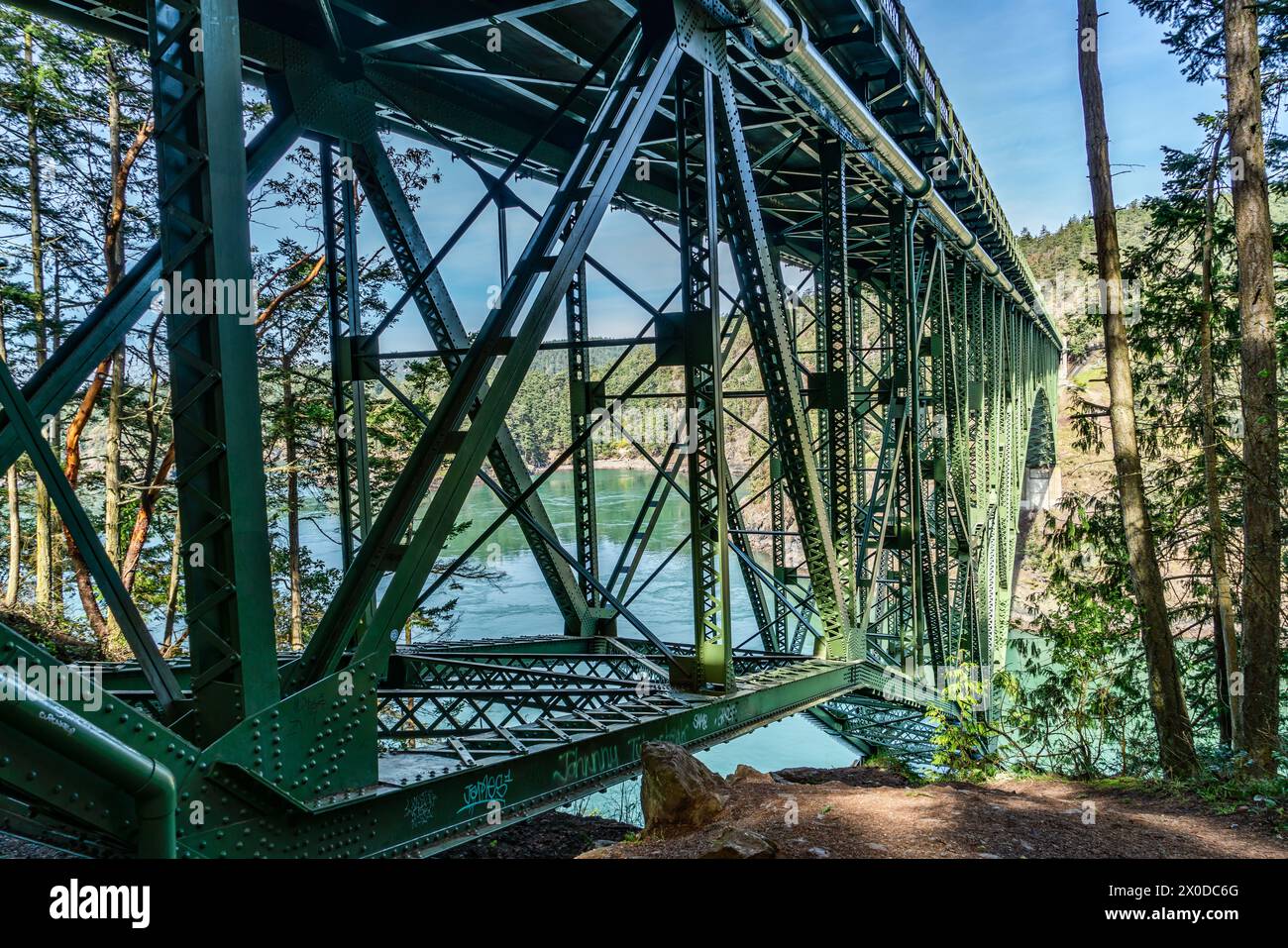 A view from under the bridge at Deception Pass in Washington State ...