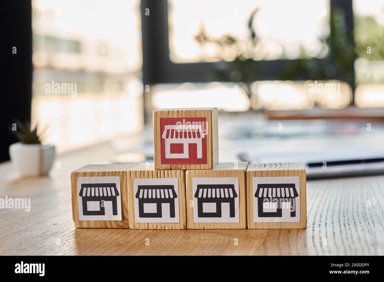A wooden block with a miniature store on top, representing a creative ...