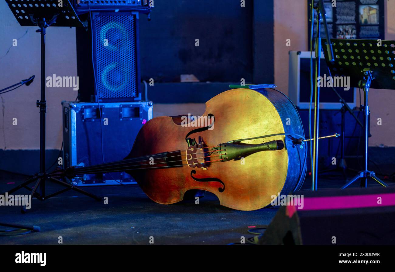 Close up view of a double bass musical instrument on a stage Stock ...