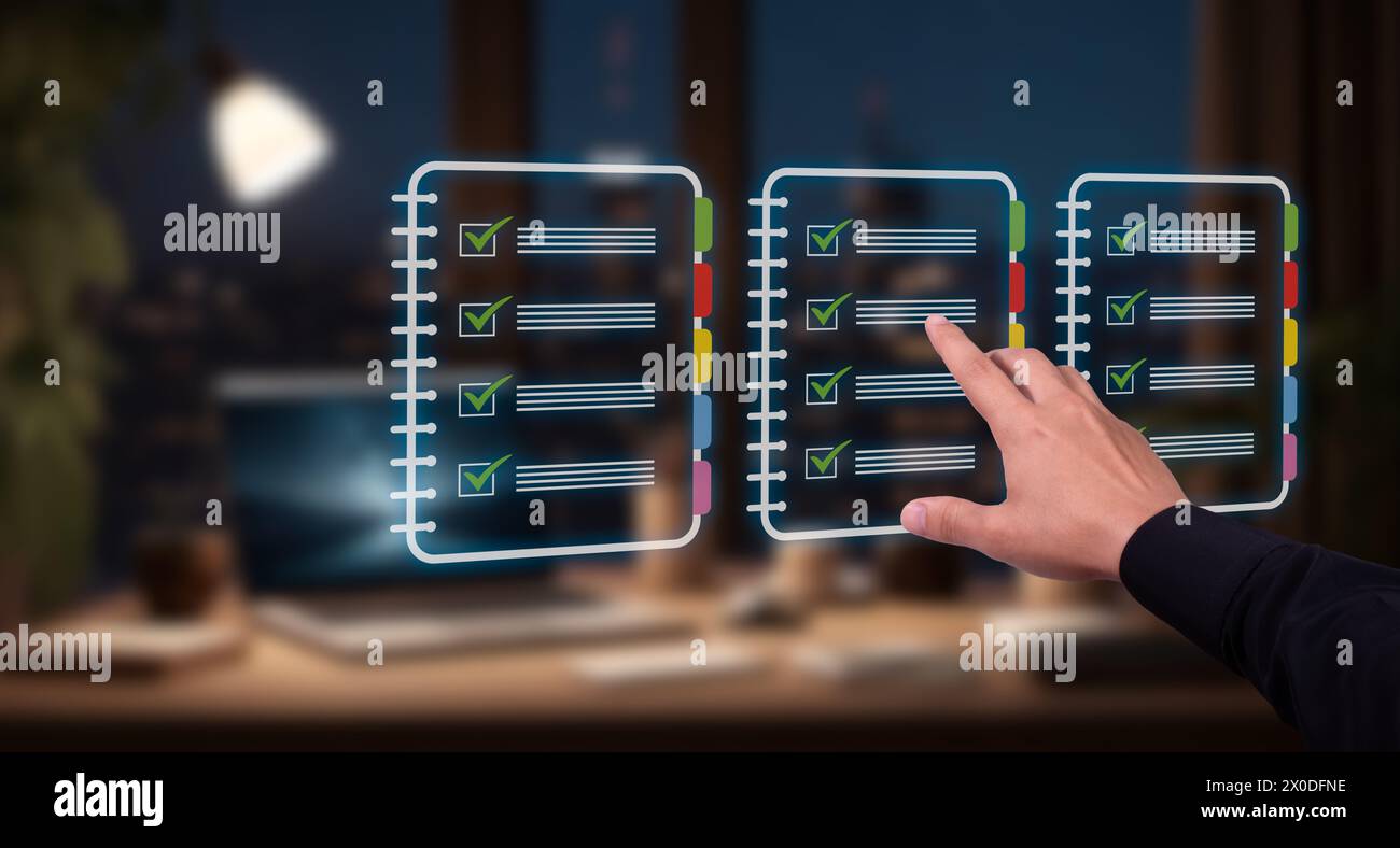 hand interacts with hologram of documents check list. concept documents ...
