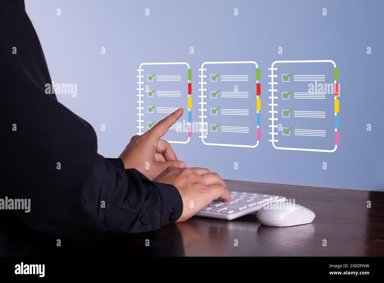 businessman manages his documents from his office. check list hologram ...