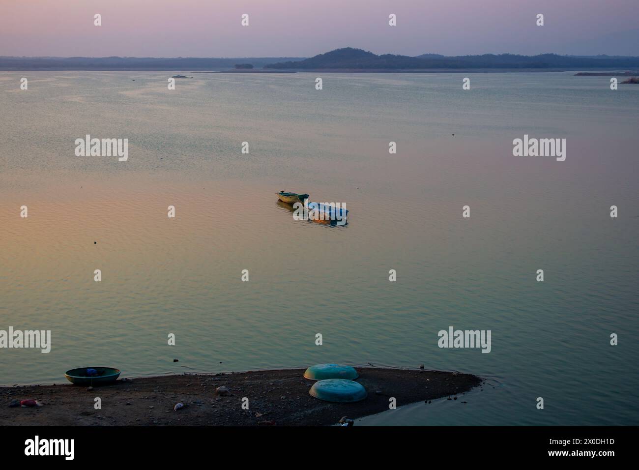 Boats anchored in the Sathanur reservoir. Sathanur Dam is one of the ...