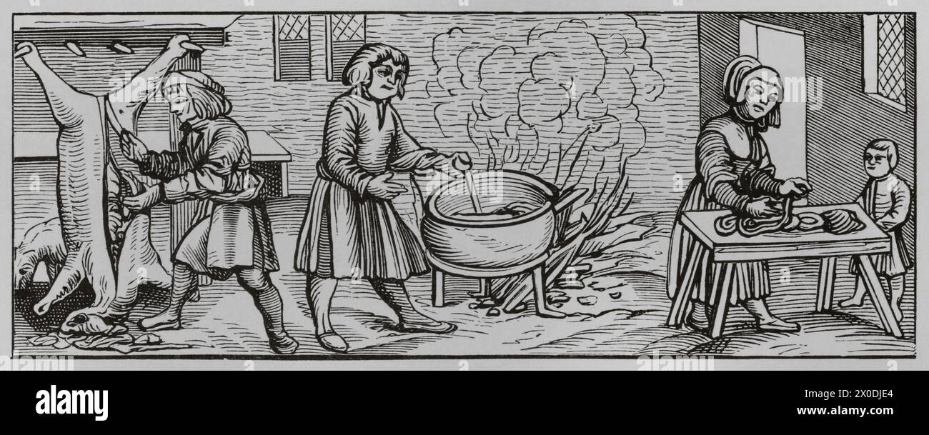 Interior of a kitchen. Butcher eviscerating a pig and people preparing ...