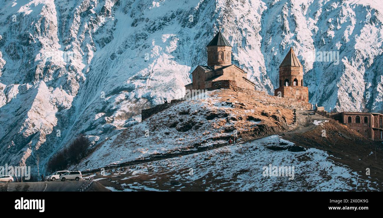 Stepantsminda, Georgia. Famous Gergeti Trinity Tsminda Sameba Church In ...