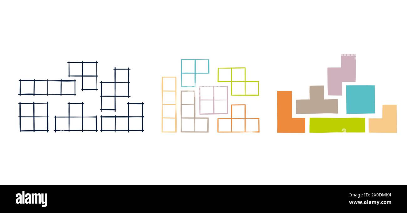 Designer Tetris icon 3 types. Sketch, line and flat Tetris. Game for ...