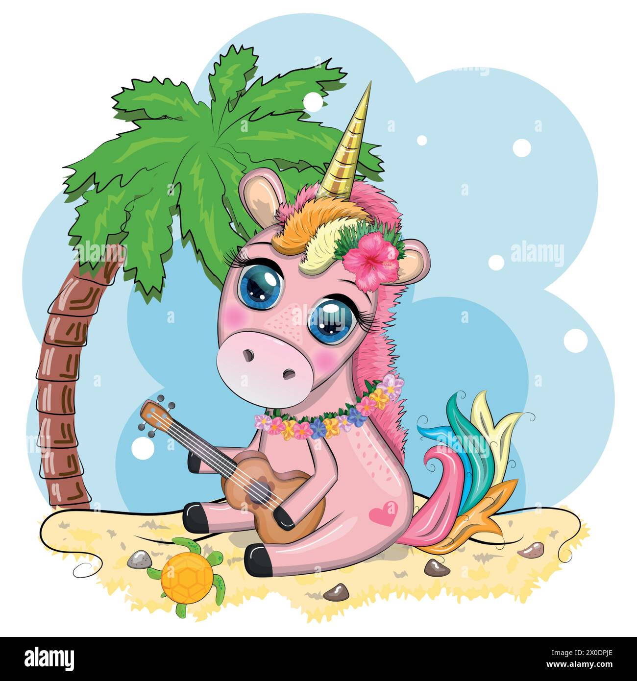 Cute Cartoon Unicorn with colorful hair is playing ukulele guitar, love ...