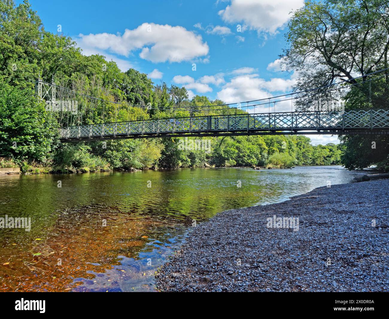 UK, West Yorkshire, Ilkley, Ilkley Suspension Bridge over the River ...