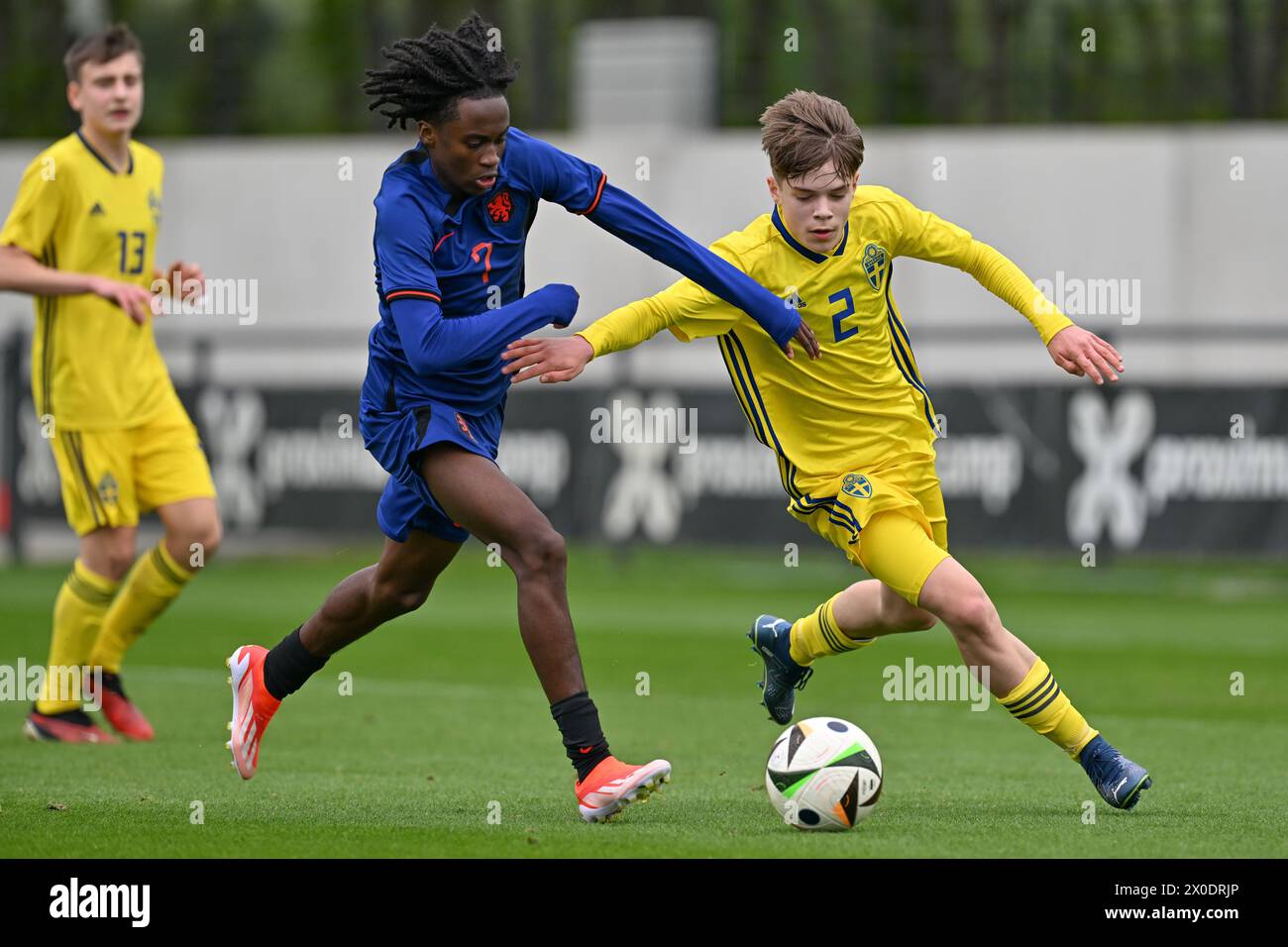 Tubize, Belgium. 11th Apr, 2024. Servahterio Steffens (7) of The Netherlands and Algot Hjelm (2 ...