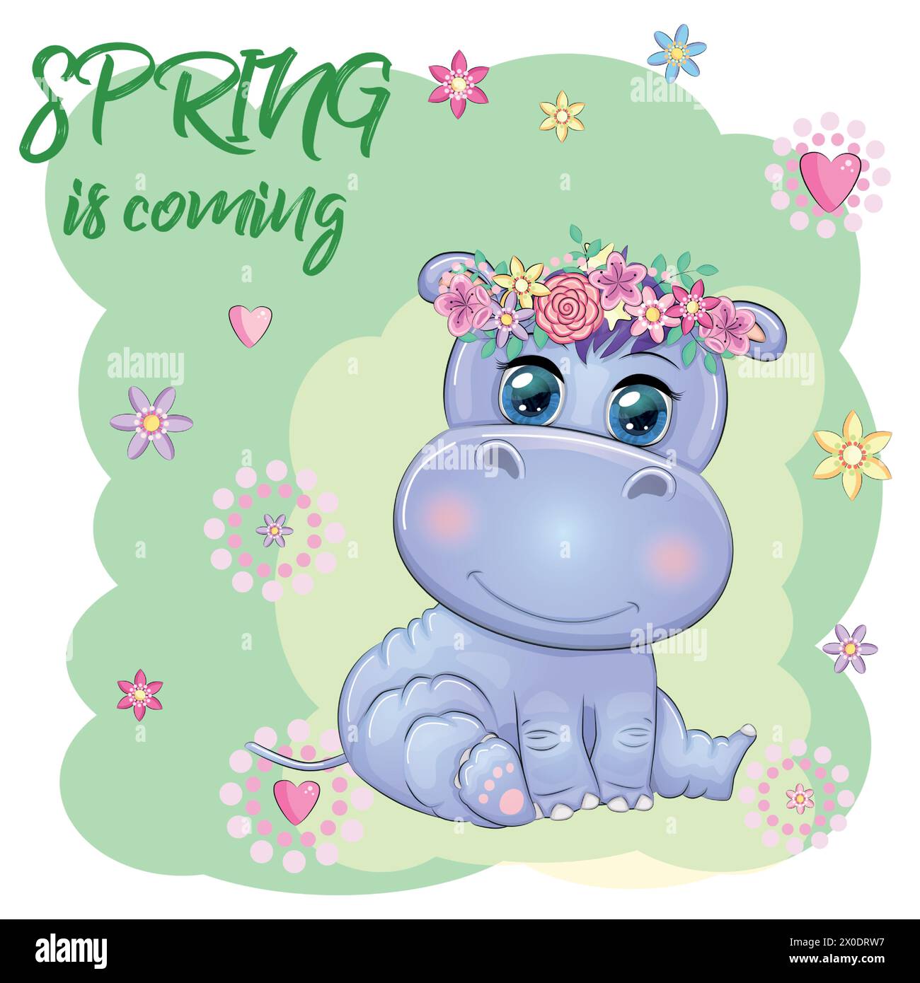 Hippopotamus cartoon character, wild animal wearing a wreath, spring is ...