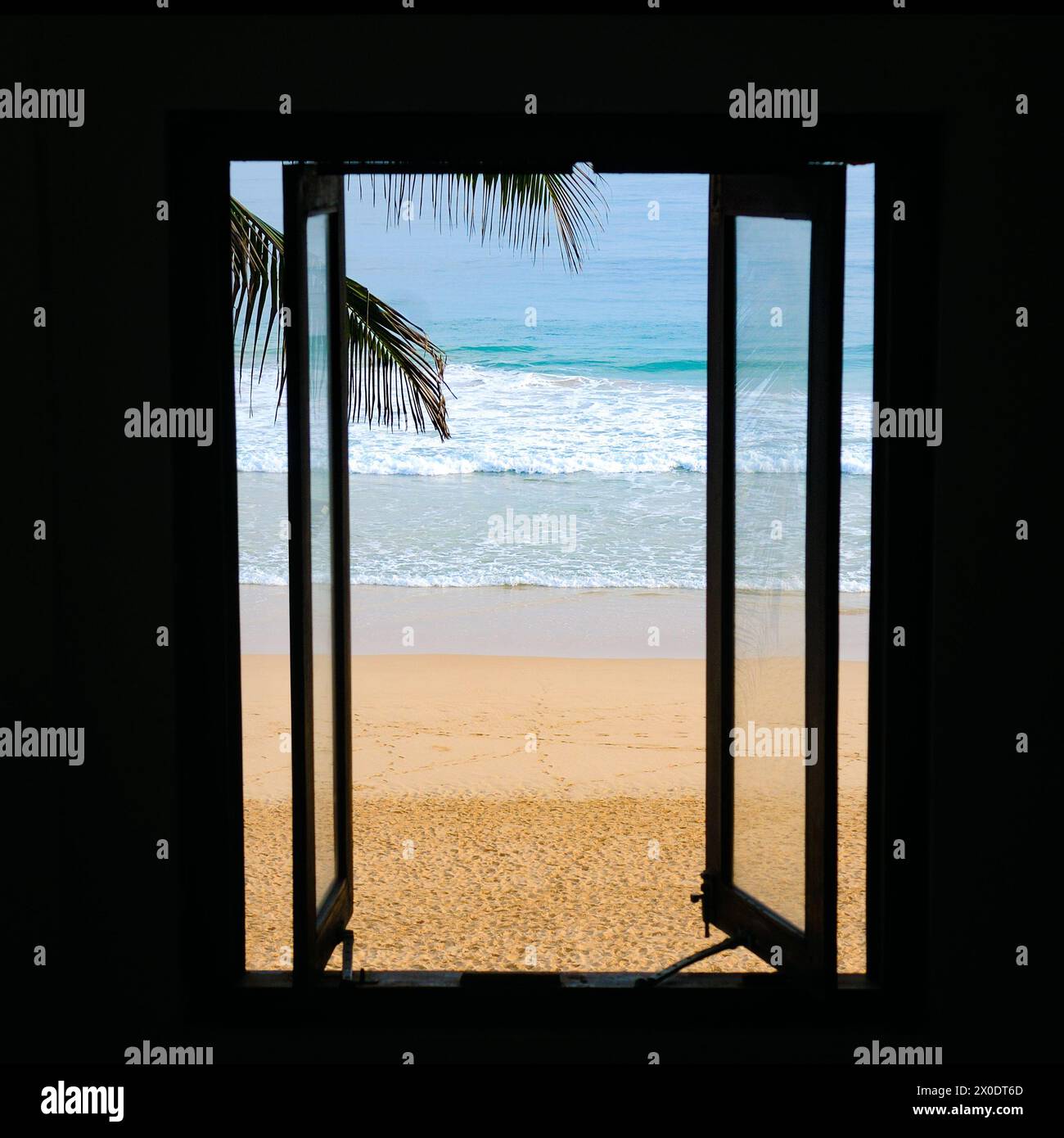 View from the window to a tropical beach Stock Photo - Alamy