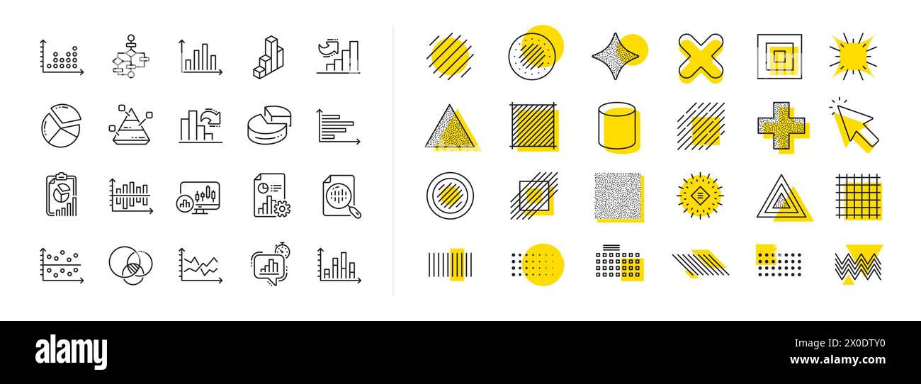 Charts and Diagrams line icons. Set of 3D Chart, Block diagram and Dot Plot graph icons. Design ...