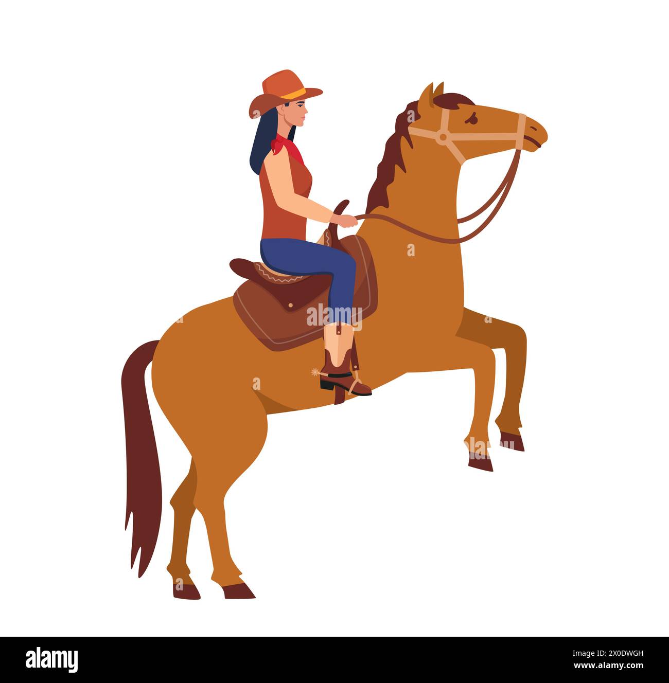 Cowboy character ride horse. Happy smiling cowboy woman character ride ...