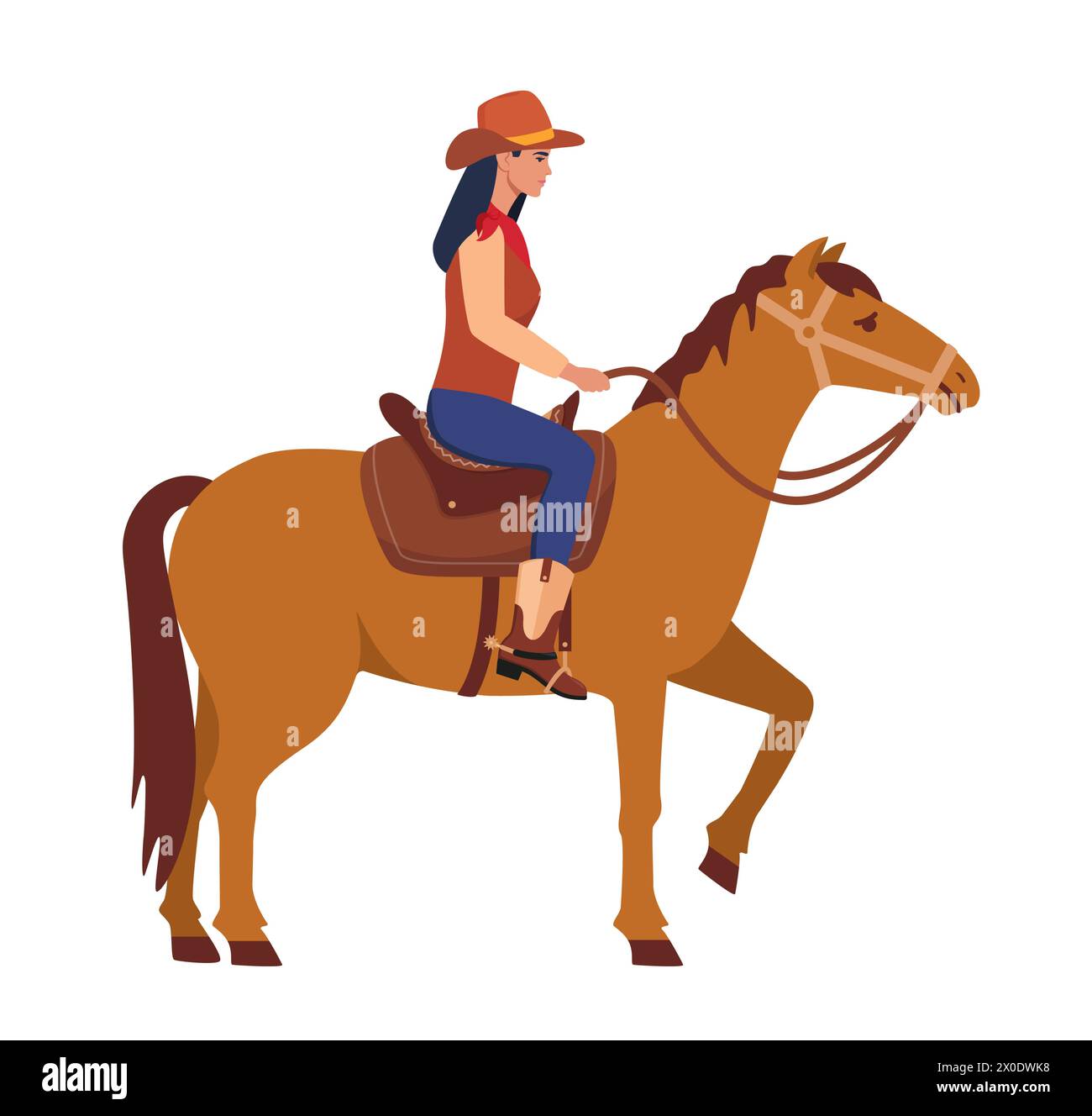 Cowboy character ride horse. Happy smiling cowboy woman character ride ...