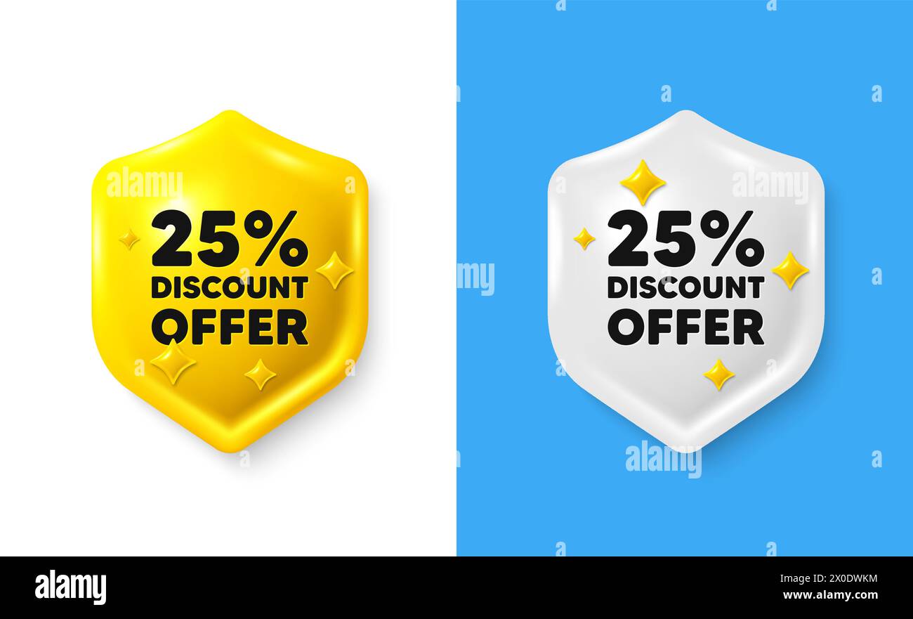 25 percent discount. Sale offer price sign. Shield 3d banner with text ...