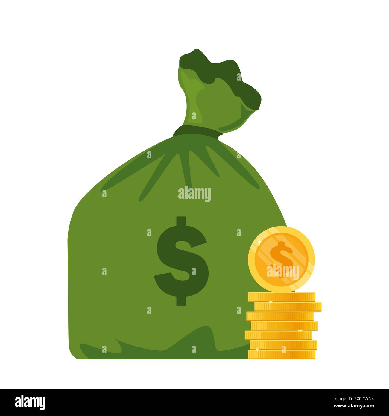 Green money bag. Dollars and gold coins stack. Wealth and banking icon ...