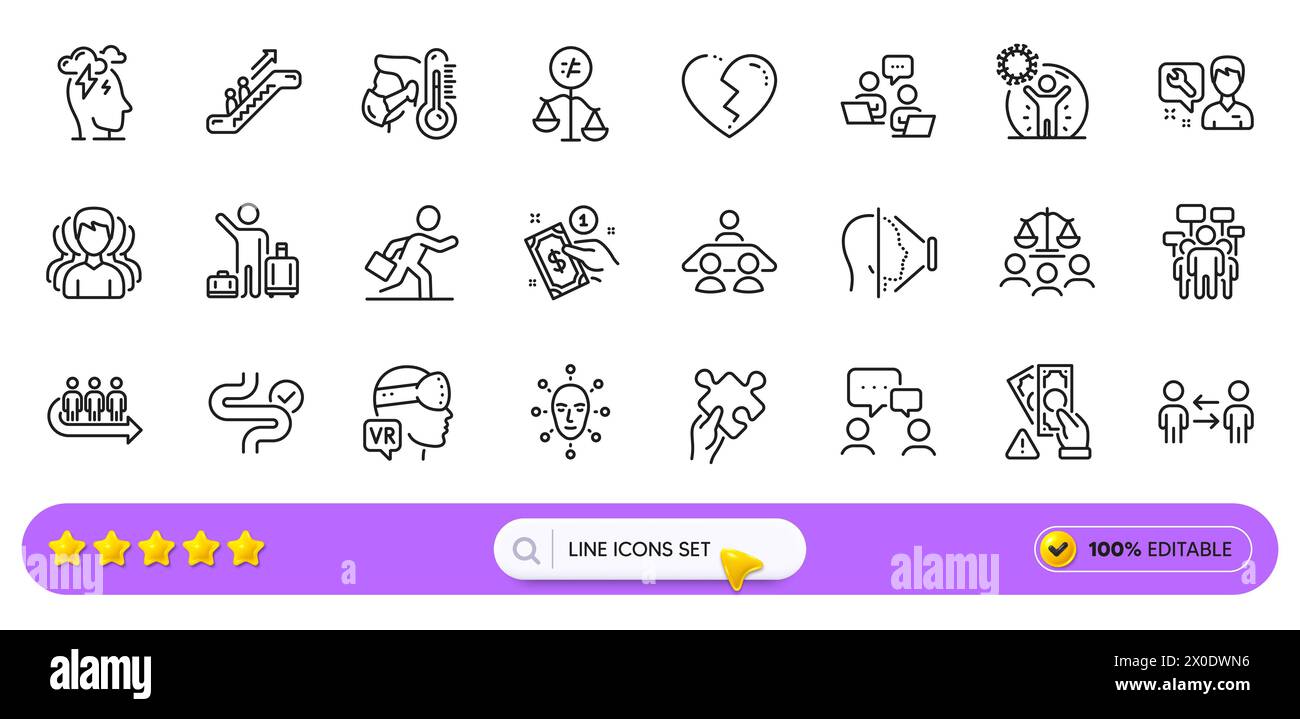 Broken heart, Teamwork and Puzzle line icons for web app. Pictogram icon. Line icons. Vector ...