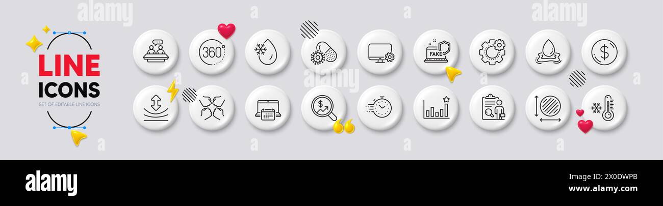 Calendar, Timer and Efficacy line icons. For web app, printing. White buttons 3d icons. Vector ...