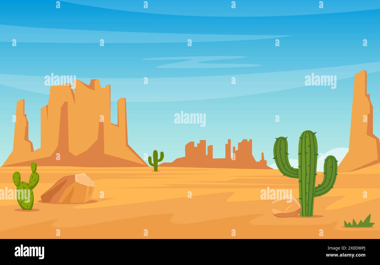 Texas desert landscape with cactuses, hills, plants and mountains ...