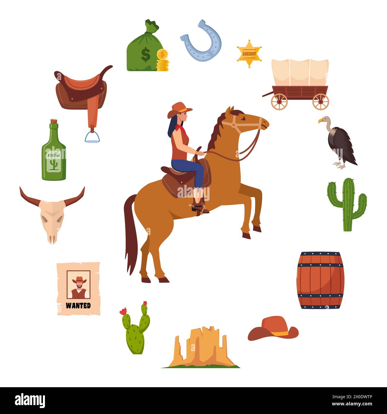 Wild West icons, set. Western and cowboy elements. Signboard, saloon ...