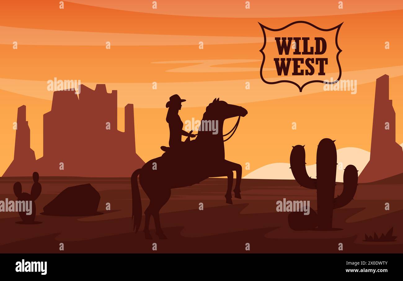 Desert landscape with silhouette of woman cowboy on horse, mountains ...