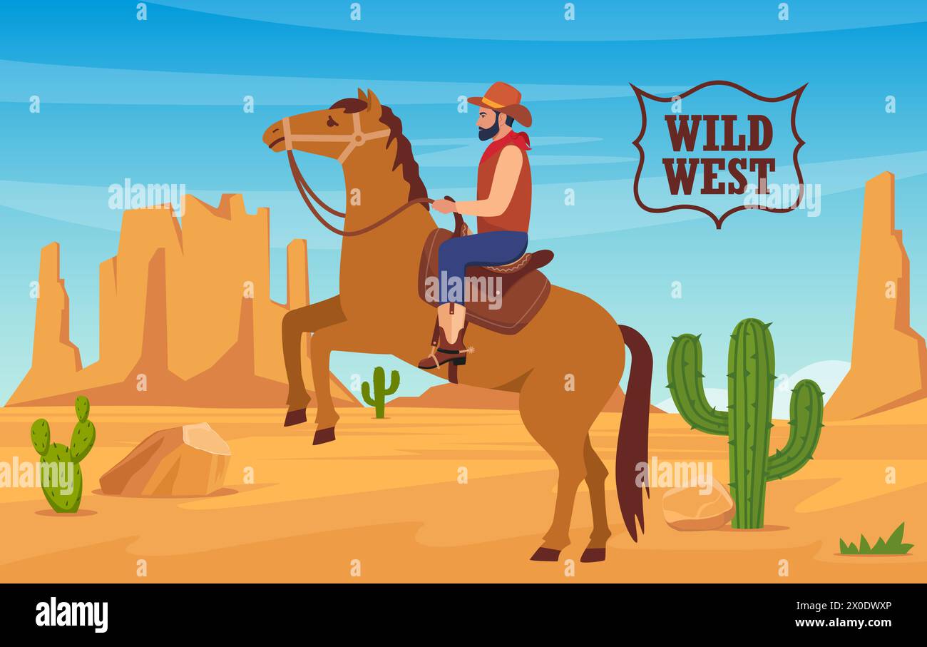 Desert landscape with cowboy on horse, mountains, cactuses. Wild West ...