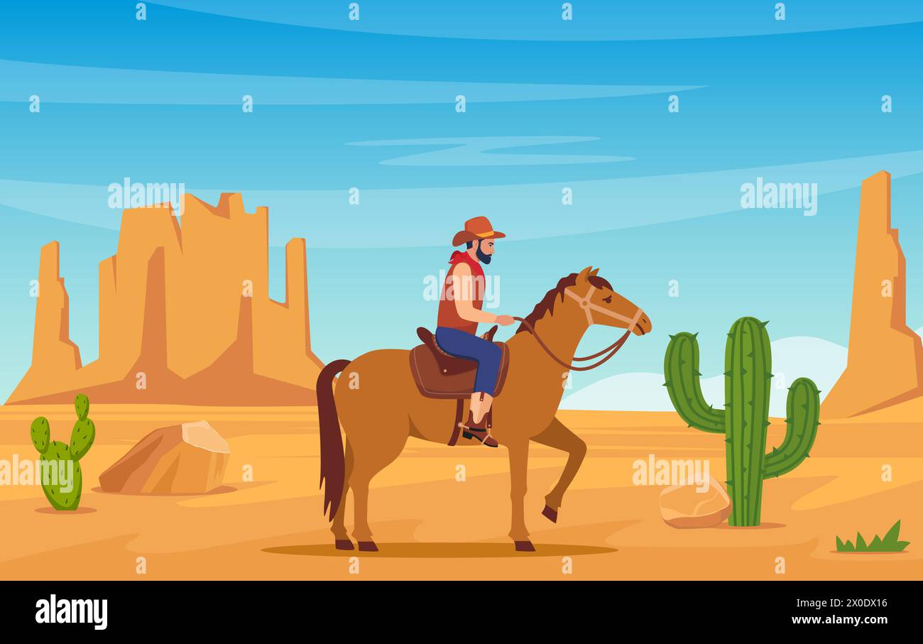 Desert landscape with cowboy on horse, mountains, cactuses. Wild West ...