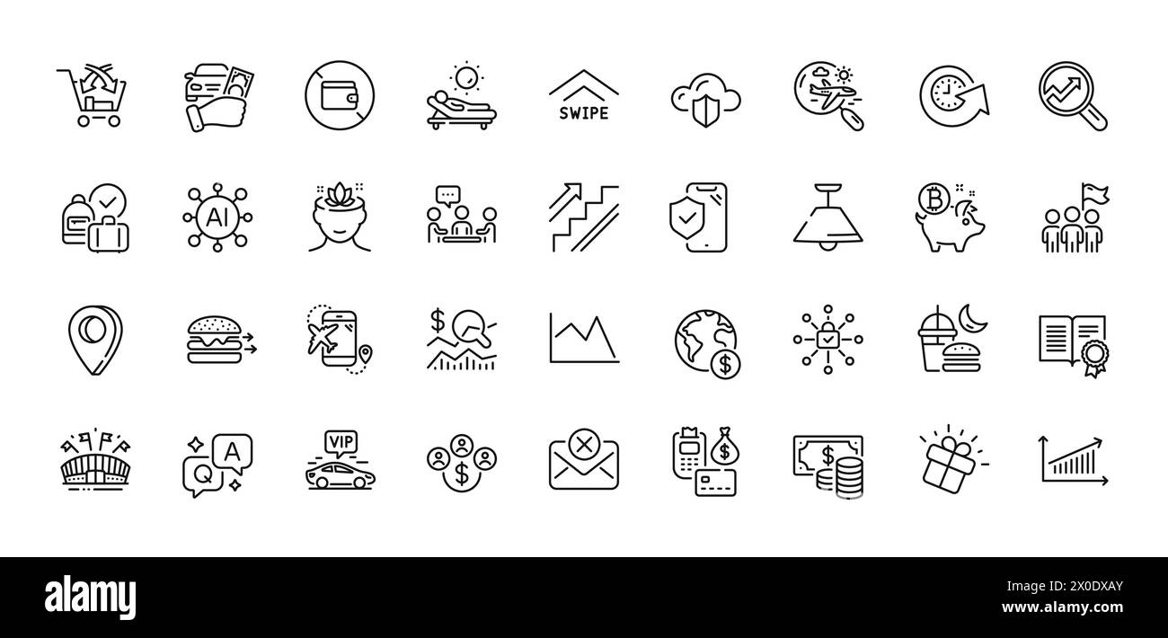 Flight destination, Yoga mind and Swipe up line icons pack. For web app. Line icons. Vector ...