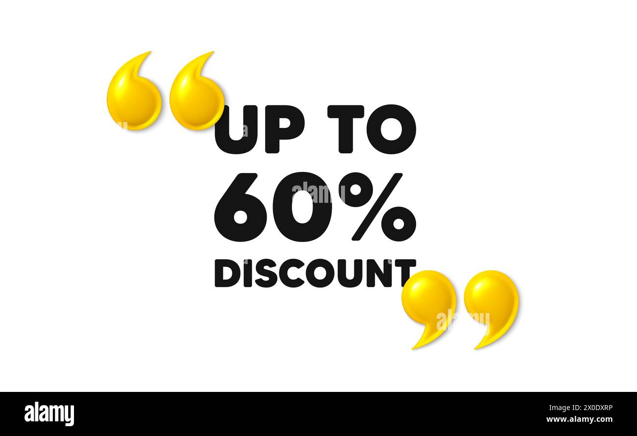 Up to 60 percent discount. Sale offer price sign. 3d quotation marks ...