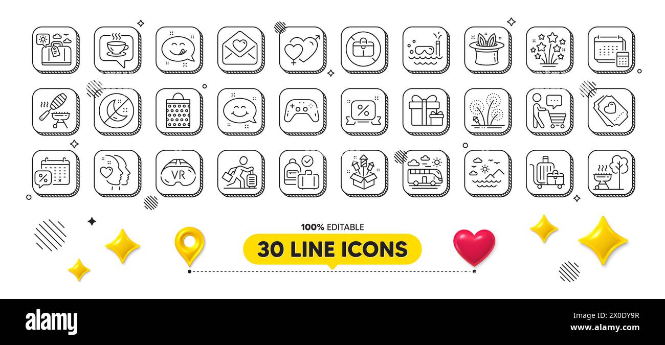 Discounts calendar, Sea mountains and Travel delay line icons pack. For ...