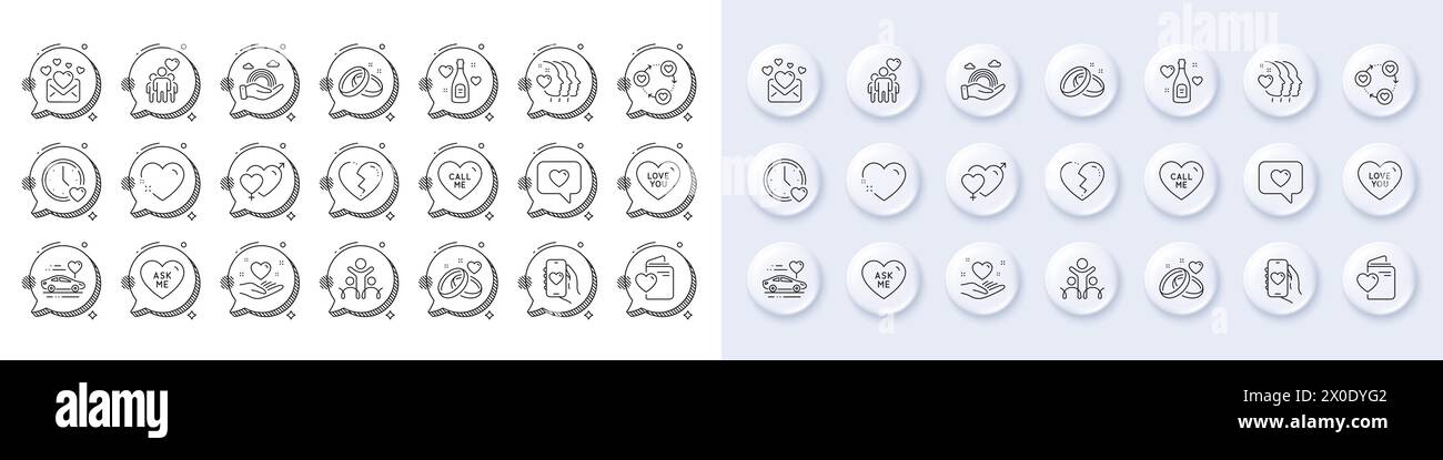 Broken heart, Call me and Love you line icons. For web app, printing ...