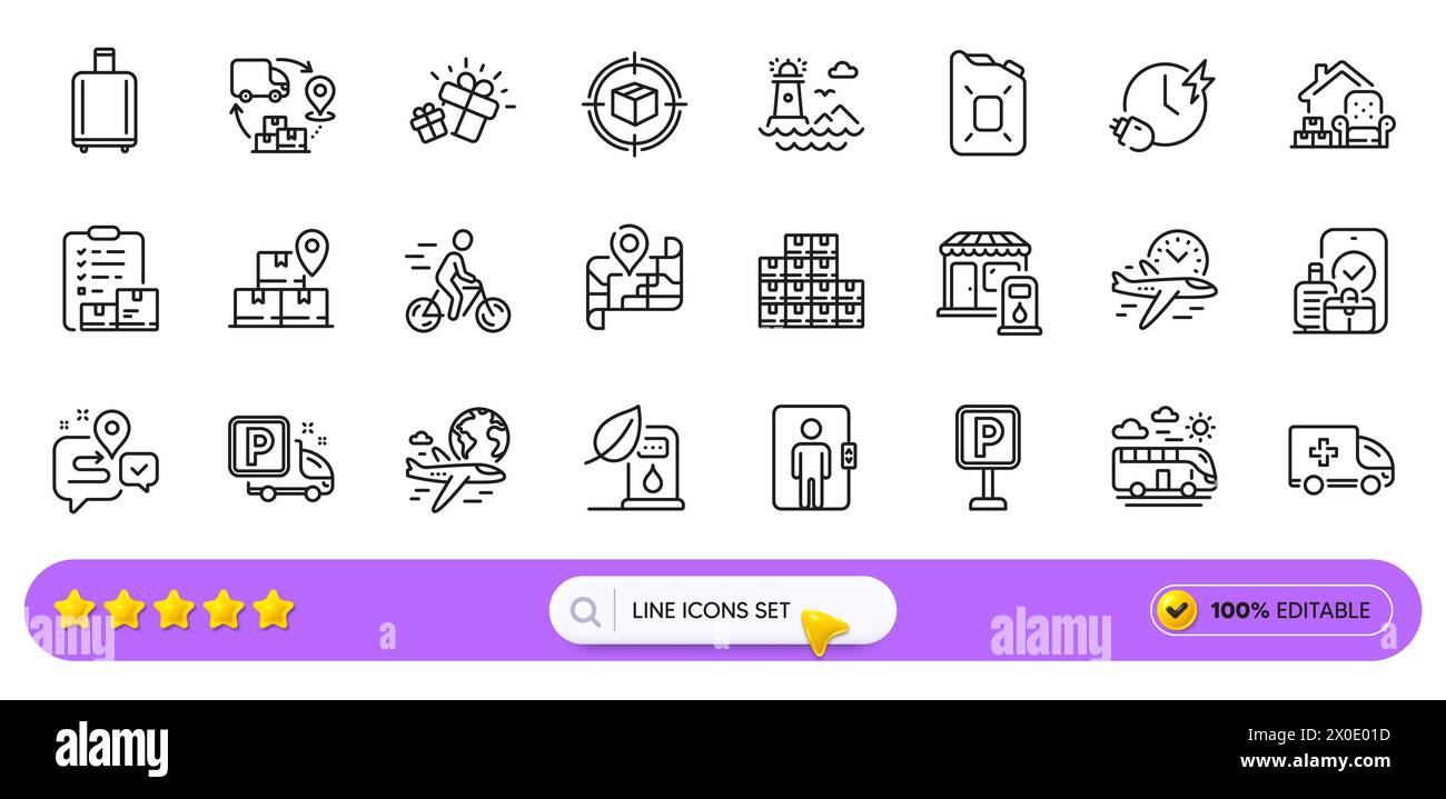 Parcel tracking, Truck parking and Charging time line icons for web app. Pictogram icon. Line ...