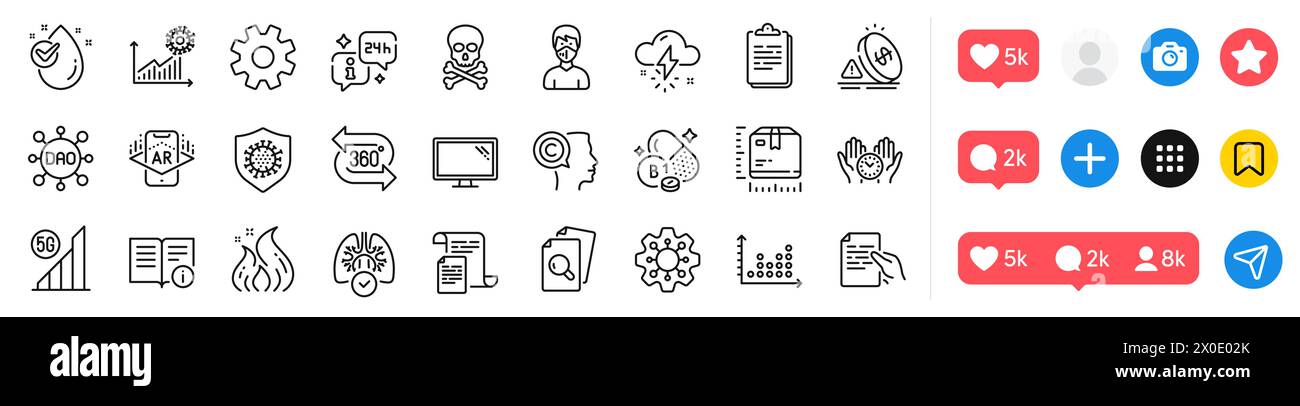 Technical info, Chemical hazard and Package size line icons pack. For ...