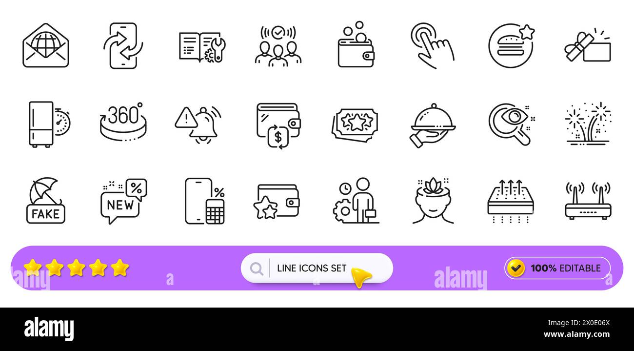 Wallet, Web mail and 360 degrees line icons for web app. Pictogram icon. Line icons. Vector ...