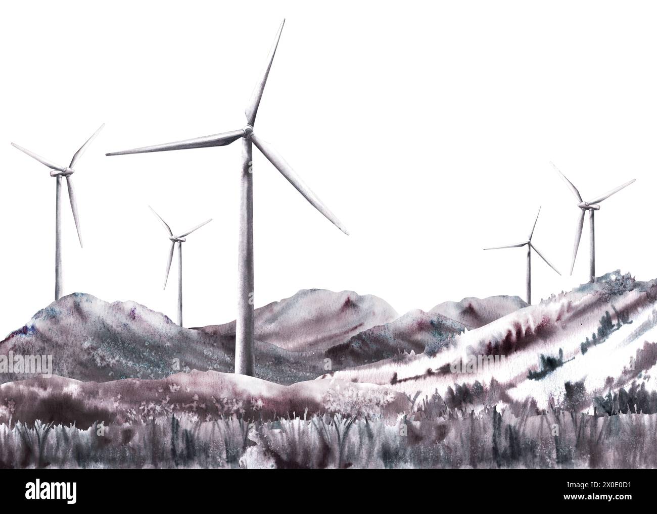 Monochrome landscape with windmills, wind turbine park on hills ...