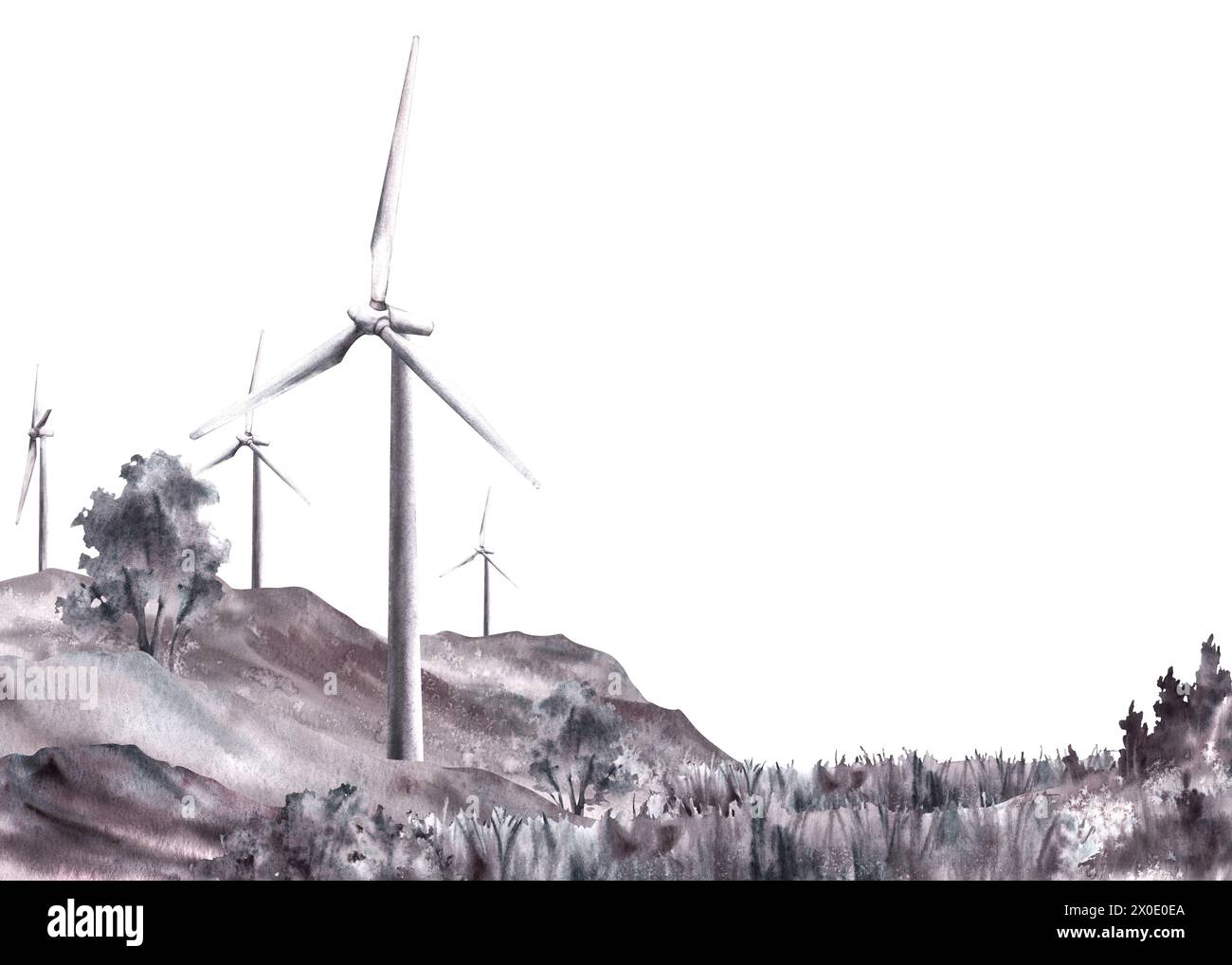 Monochromatic landscape with windmills, wind turbine on hills, mountain ...
