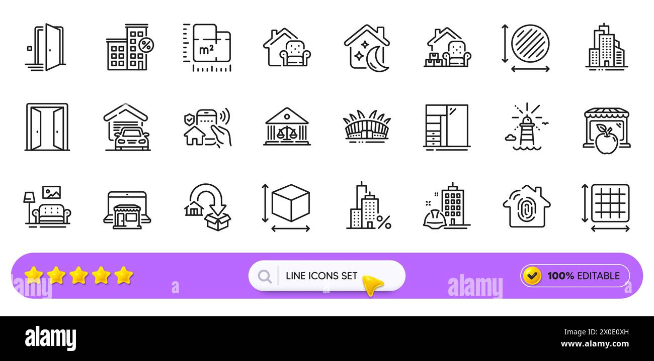 Arena stadium, Loan house and Fingerprint access line icons for web app ...