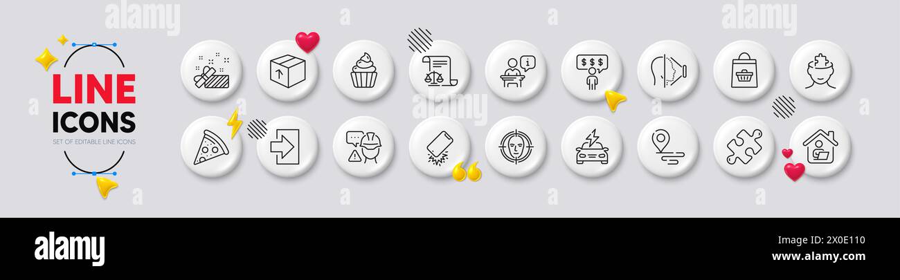 Present, Employee benefits and Place line icons. For web app, printing. White buttons 3d icons ...