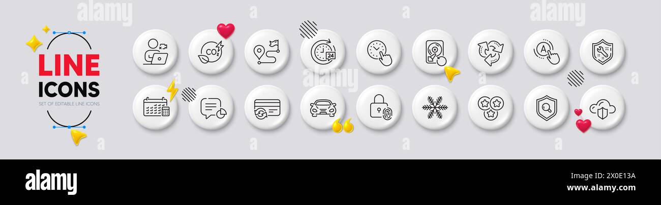 Stars, Time management and Video conference line icons. For web app, printing. White buttons 3d ...