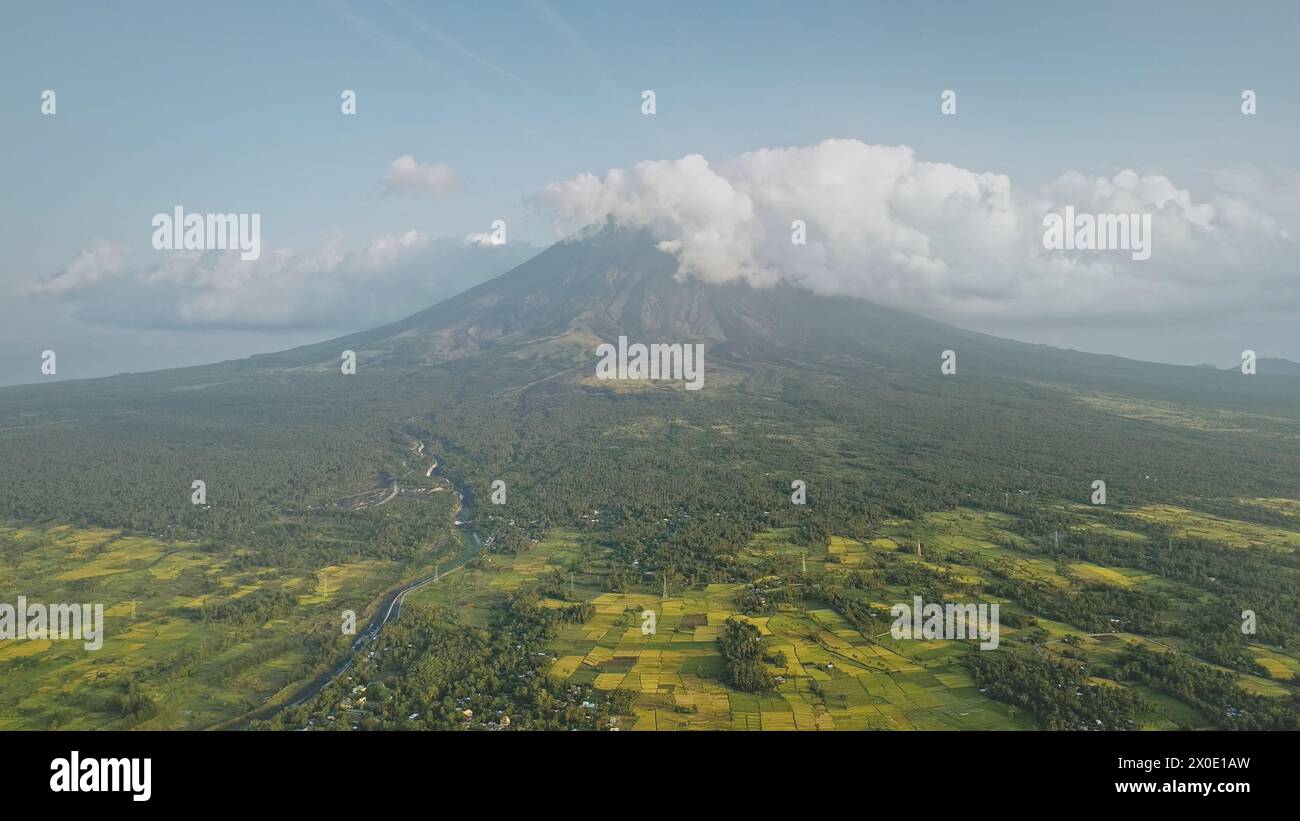 Volcano erupt at green tropic valley aerial. Mayon mount at nobody ...